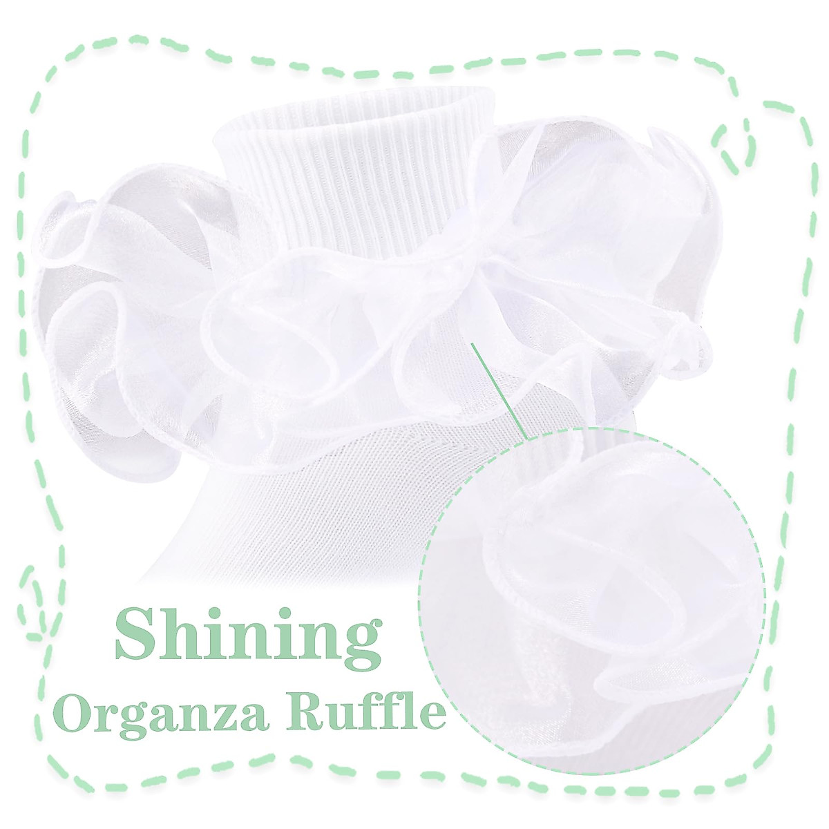 Mini angel Girls Ruffle Socks Double Lace Frilly Dress Socks Kids Turn Cuff Socks for Little Girls 2 Pack (White, 4-6 Years)