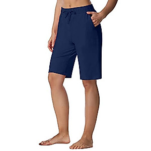 ChinFun Women's Yoga Bermuda Shorts Athletic Lounge Cotton Sweat Shorts 10" Long Shorts Workout Running Shorts Navy L