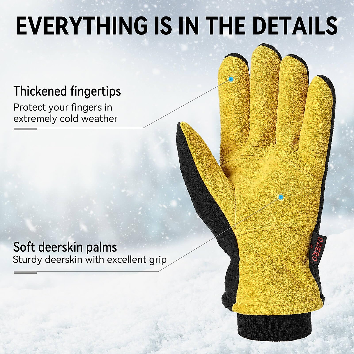 OZERO Winter Gloves for Men Women: Water-Resistant Thick Cold Weather Gloves with Deerskin Suede Leather Palm for Driving Bike Riding Hiking Snow Skiing Tan-Black Small