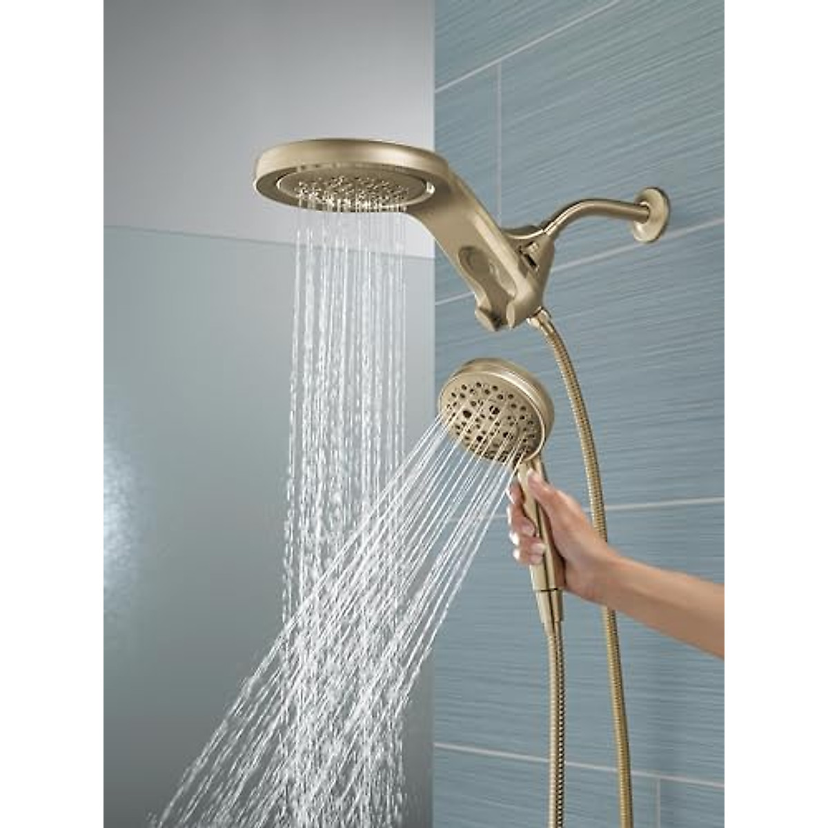 Delta Faucet HydroRain 5-Spray H2Okinetic Dual Shower Head with Handheld Spray, Gold Shower Head with Hose, Handheld Shower Heads, 2.5 GPM Flow Rate, Champagne Bronze 58680-CZ25
