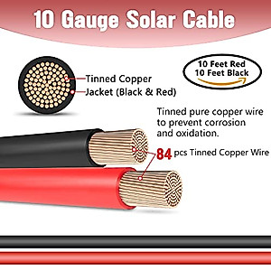 PRECIHW Solar Panel Extension Cable, 10AWG (6mm²) Solar Extension Cable Wire (10FT Red + 10FT Black), PV Extension Cable Wire