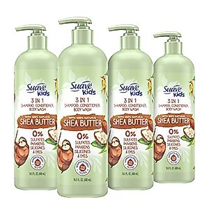 Suave Kids Naturals 3in1 Shampoo Conditioner Body Wash with Shea Butter 4 Pack Kids 3 in 1 Dermatologist-Tested and Tear-Free Shampoo Conditioner Bodywash 16.5 oz