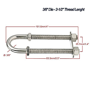 Amarine-made Stainless Steel Marine Boat Stern Bow Eye Tie Down U Bolt (1/2-Inch and 3/8-Inch Optional) (Silver, 3/8" Dia - 2-1/2" Thread Lenght)
