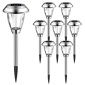 Glass Solar Lights Outdoor Waterproof - 8 Pack Solar Garden Pathway Lights Auto On/Off, Decorative Stainless Steel Landscape Lighting for Patio Lawn Yard Walkway Driveway Decoration
