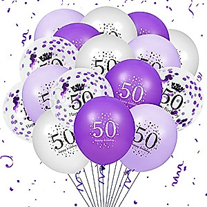 50th Purple Birthday Balloons Decorations, 16 PCS Purple White Confetti Latex Balloons for Women Men Happy Birthday Party Wedding Anniversary Indoor Outdoor Party Supplies,12 Inch