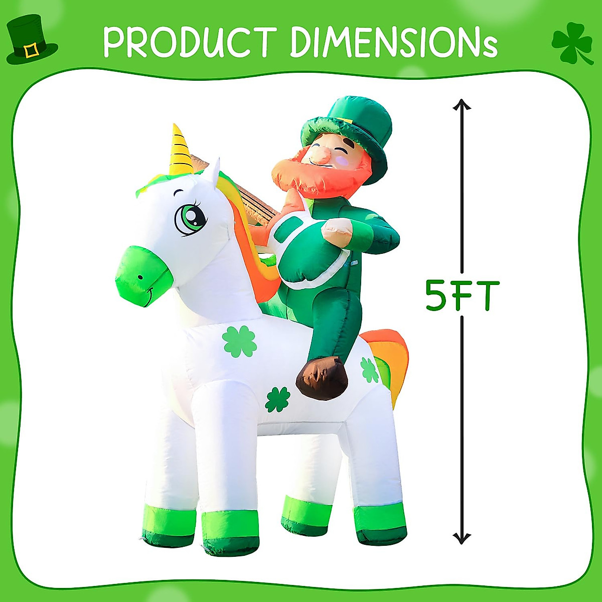 DomKom St. Patricks Day Inflatable Decorations, 5ft Happy Leprechaun Blow Up Décor Built-in LED Lights on Unicorn Playing Guitar, Lucky Day for Outdoor Holiday Party, Lawn, Yard, Garden, Patio