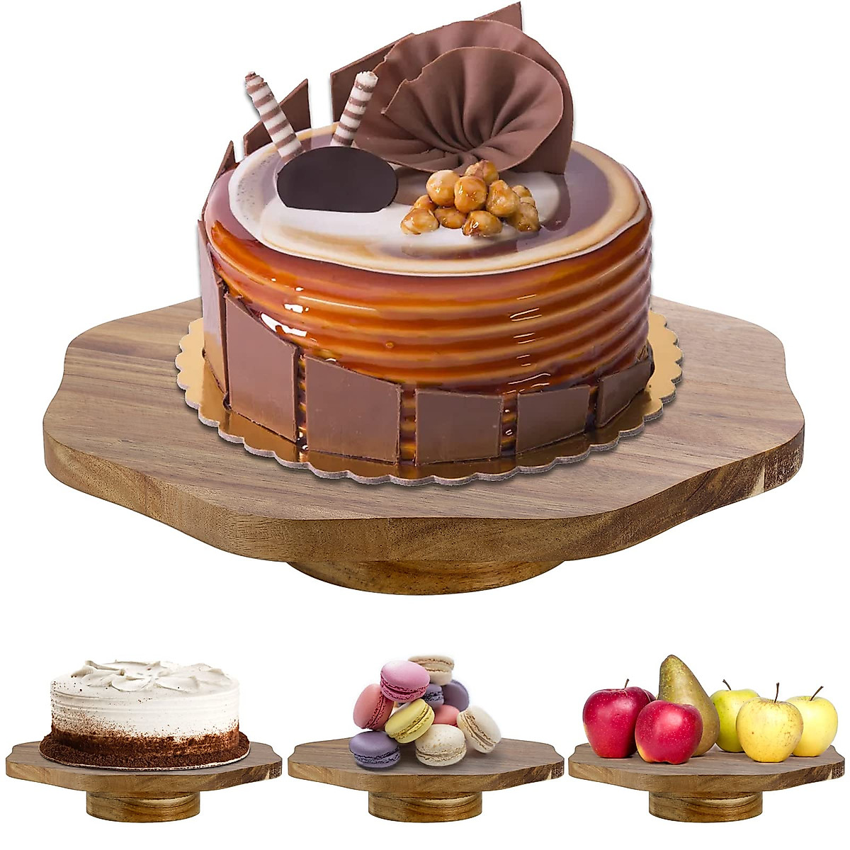 Mezchi Acacia Wood Cake Stand, Rustic Wooden Pedestal for 12 Inch Cake, Slice Dessert Wedding Platter Display Stand Cupcake, Baby Shower, Birthday, Grain Pattern Brown