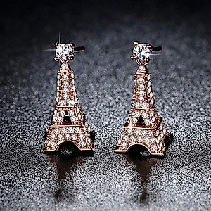 Love Paris Eiffel Tower Crystal Stud Dangle Earrings (Gold) Parisian Theme Pendant Fashion Women's Jewelry.
