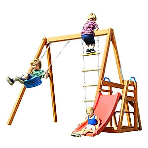 Kiriner Wooden Swing Set with Slide, Outdoor Playset Backyard Activity Playground Climb Swing Outdoor Play Structure for Toddlers, Ready to Assemble Wooden Swing-N-Slide Set Kids Climbers