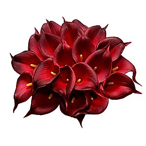 DuHouse 20Pcs Calla Lily Fake Burgundy Flowers Wedding Bouquet Artificial Real Touch Latex Flowers Home Wedding Party Decor (Burgundy)