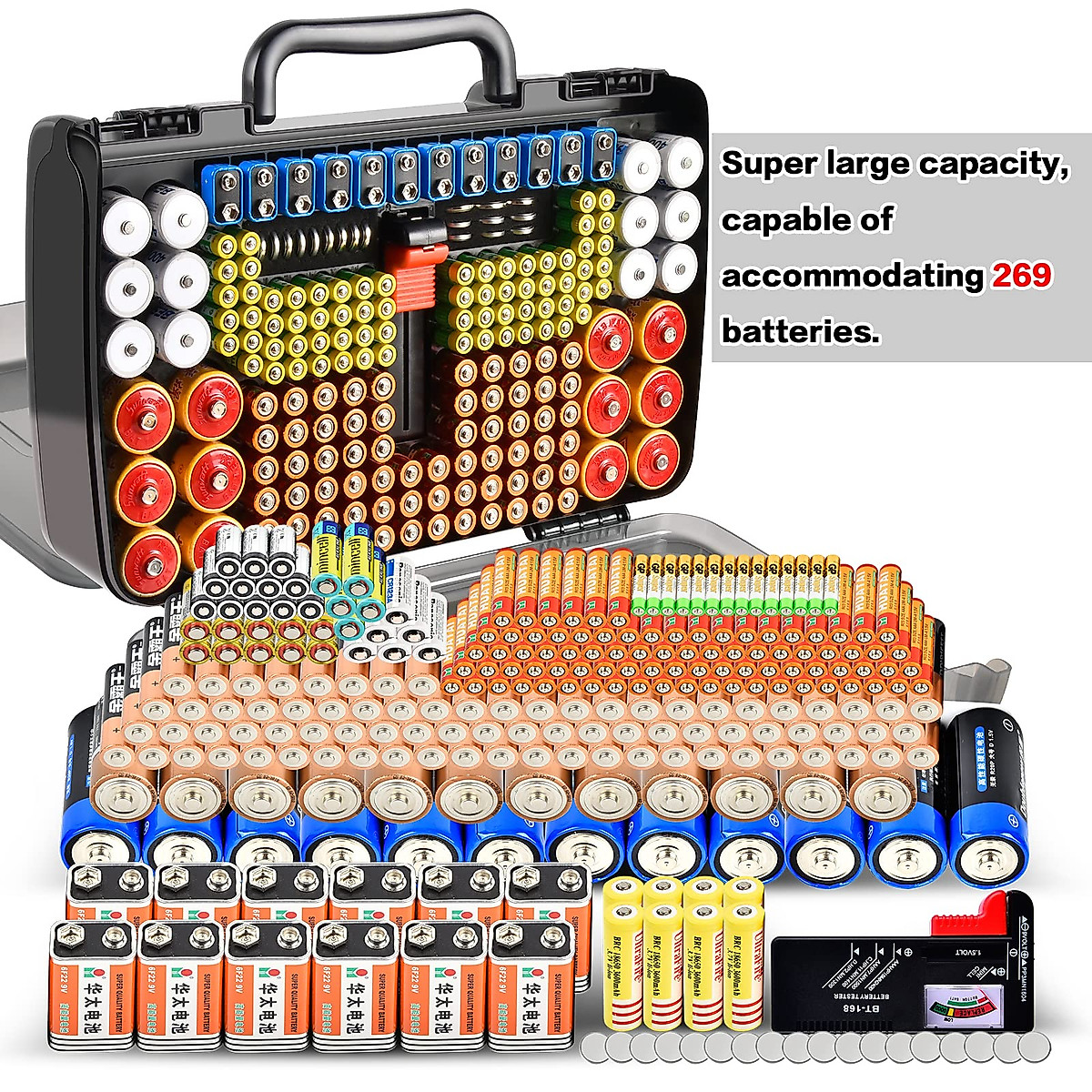 Aptbyte Battery Organizer Storage Holder Box Case with Tester- 269 Batteries Double-Sided Variety Pack, Holds AA AAA 4A C D Cell 9V 3V Lithium LR44 CR2 CR123 CR1632 18650 Button- Grey