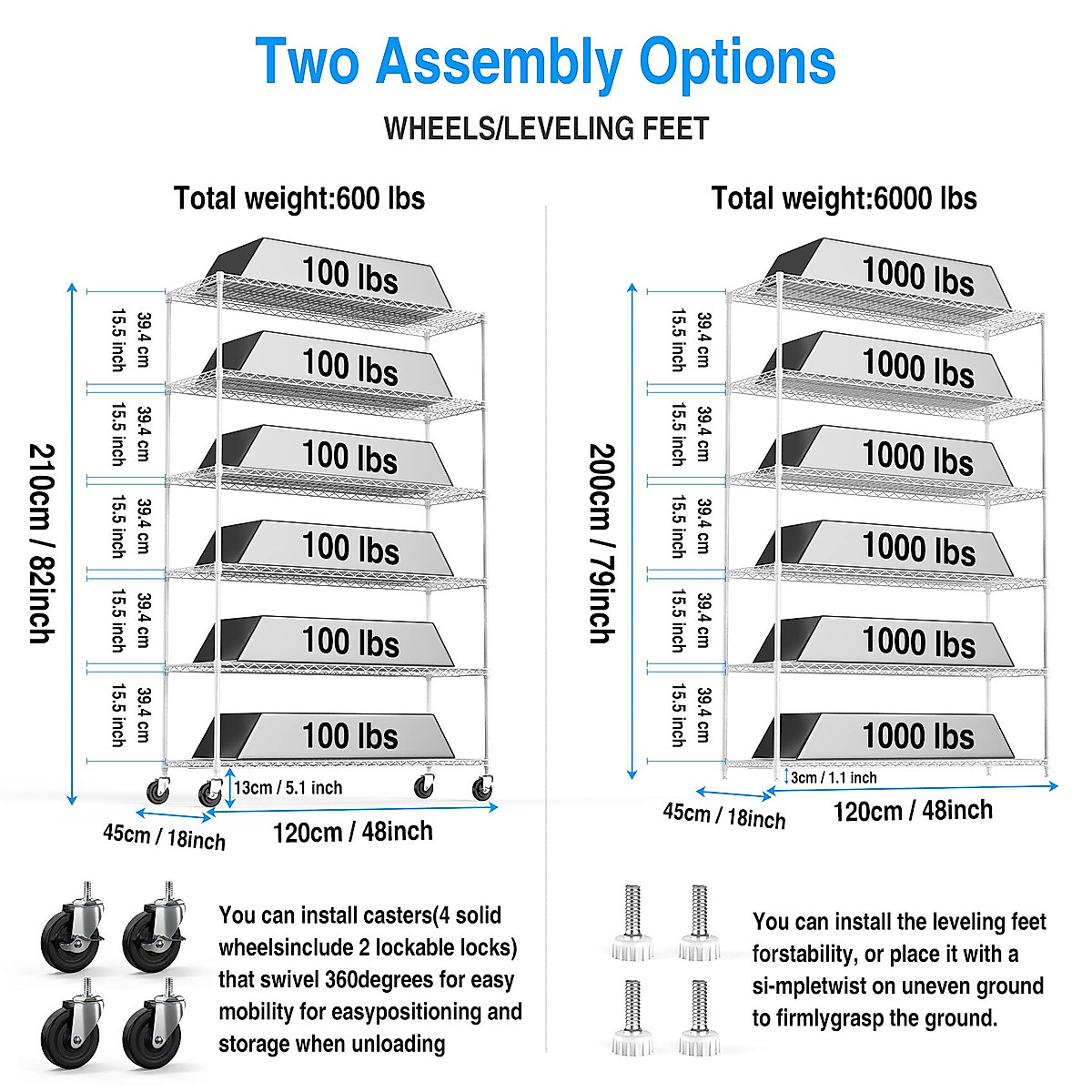 6 Tier 6000lbs Capacity NSF Metal Shelf Wire Shelving Unit, Heavy Duty Adjustable Storage Rack with Wheels & Shelf Liners for Commercial Grade Utility Steel Storage Rack, White - 82"H x 48"L x 18"D