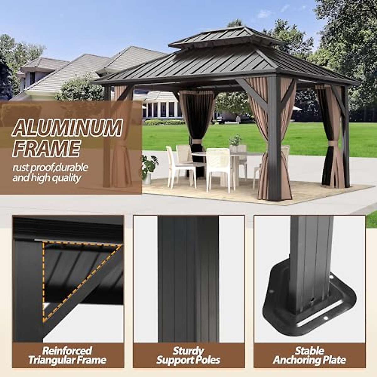 Raysfung 10 X 12ft Hardtop Gazebo, Galvanized Steel Double Roof Gazebo with Nettings and Curtains, Outdoor Aluminum FrameVertical Stripes Roof Permanent Pavilion for Patio, Backyard, Lawns