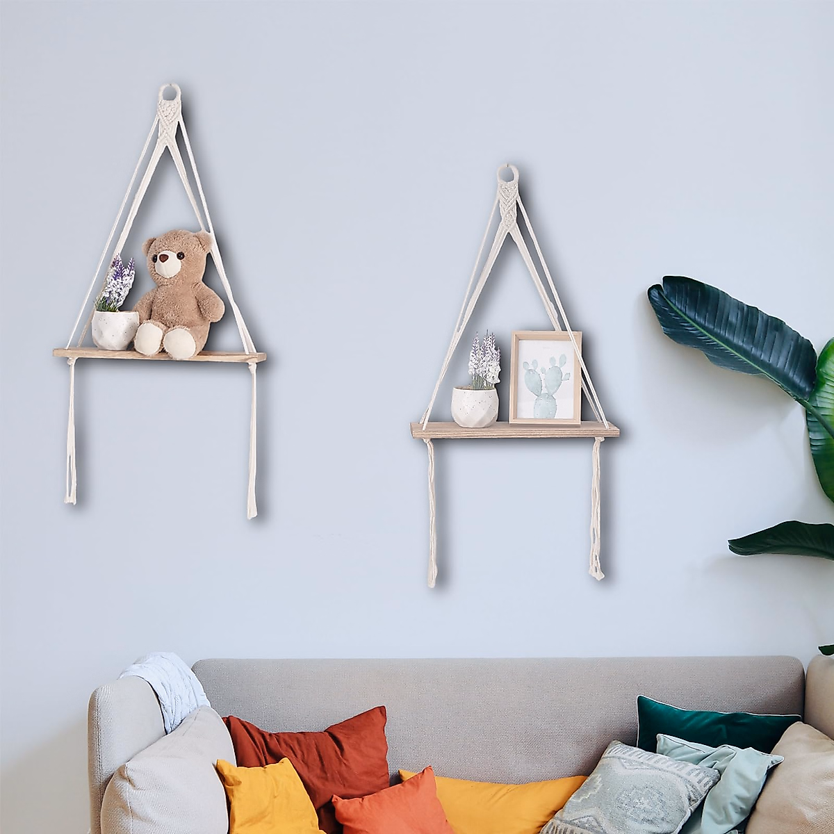 EKSWLS Macrame Wall Hanging Shelf Boho Bedroom Decor for Living Room Home Farmhouse Office 2 Pack Wood Floating Shelves, Rustic Wood Floating Storage Shelf,Display Shelving for Plants Photos