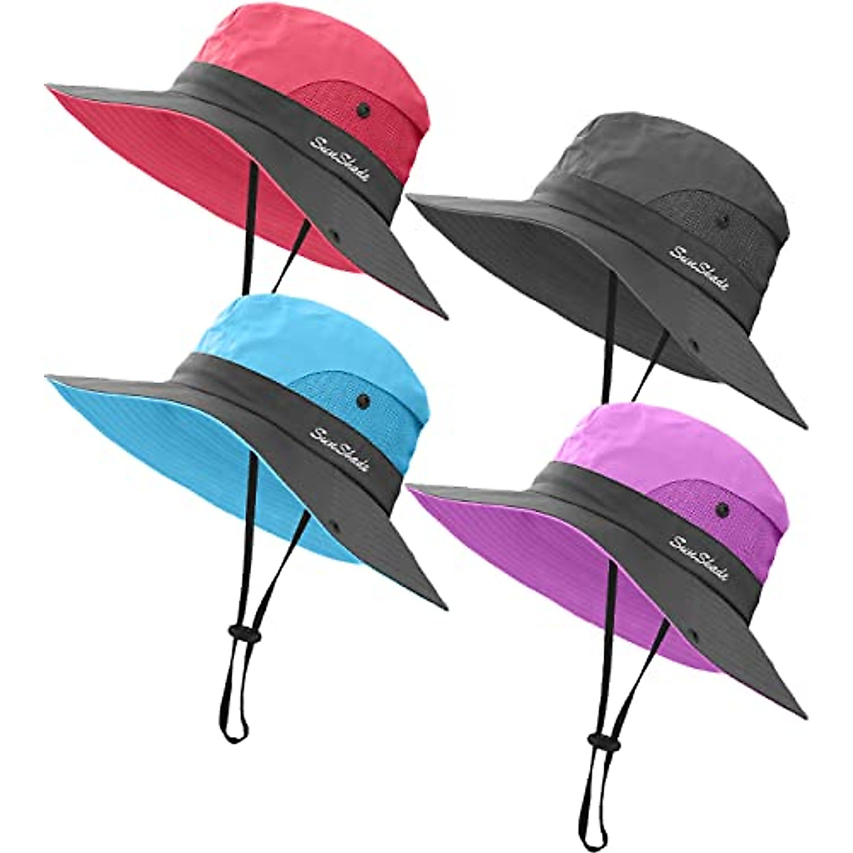4 Pack Womens Ponytail Summer Sun Hat UV Protection Foldable Mesh Wide Brim Beach Fishing Cap (4 Pack-Purple＆Watermelon Red＆Sky Blue＆Grey)