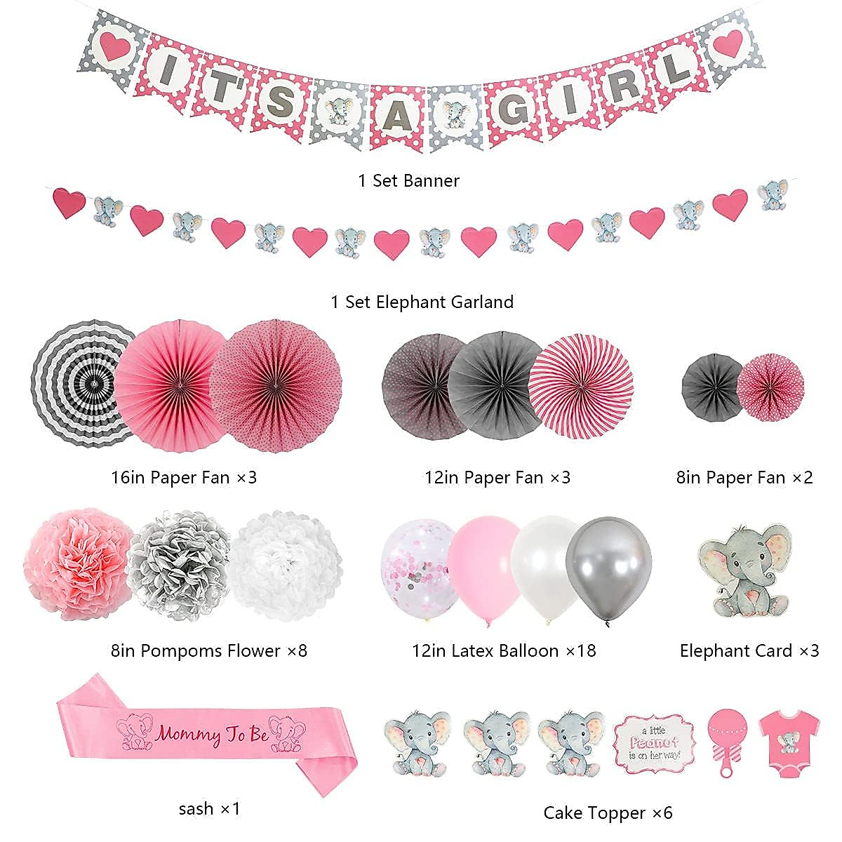 Elephant Baby Shower Decorations – It's a Girl Baby Shower in Pink and Gray Theme – Cute Elephant Party Kit – Virtual Baby Shower Decorations – Multipurpose Elephant Décor – Ready To Install