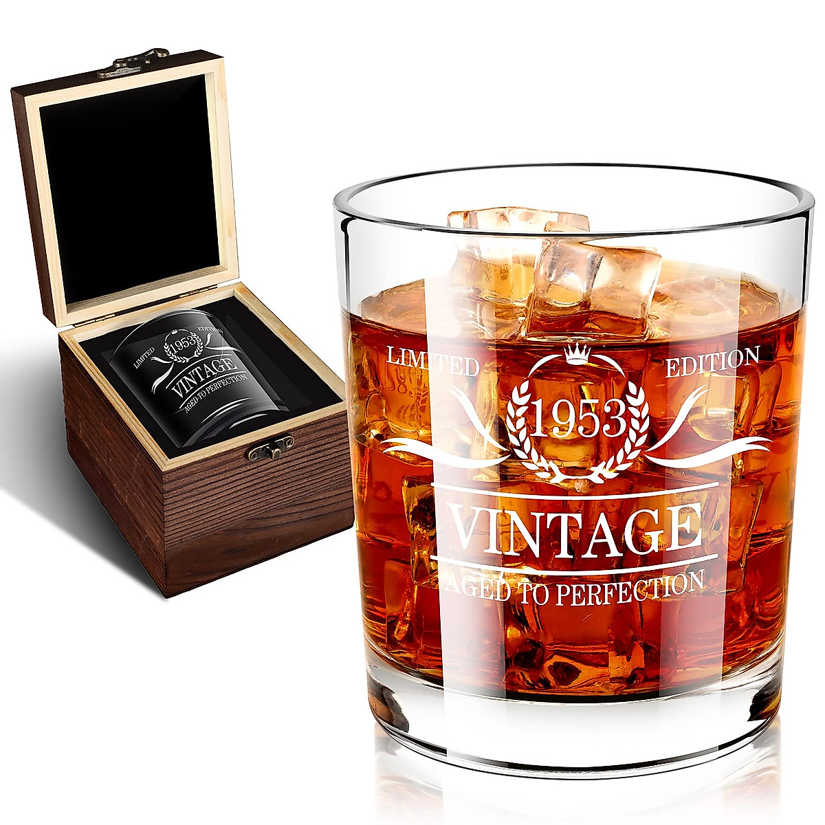 BEYOND MS 70th Birthday Gifts for Men - 70th Birthday Decorations for Men - 1953 Whiskey Glass in Valued Wooden Box - Anniversary Ideas for Him, Dad, Husband, Friends - 12oz Whiskey Glass