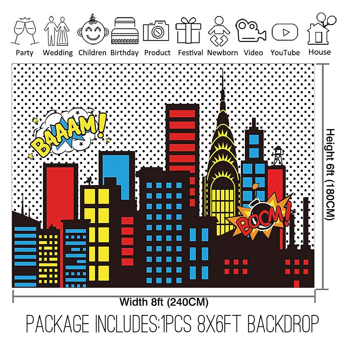 Allenjoy 96" x 72" Superhero Themed Backdrops Super City Skyline Buildings Children Birthday Supplies Favors Decorations Photography Party Event Banner Photo Studio Booth Background Baby Shower Vinyl
