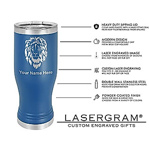 LaserGram 14oz Vacuum Insulated Pilsner Mug, Tiki Statue, Personalized Engraving Included (Dark Blue)