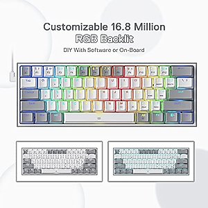 Redragon K617 Fizz 60% Wired RGB Gaming Keyboard, 61 Keys Compact Mechanical Keyboard w/White and Grey Color Keycaps, Linear Red Switch, Pro Driver/Software Supported
