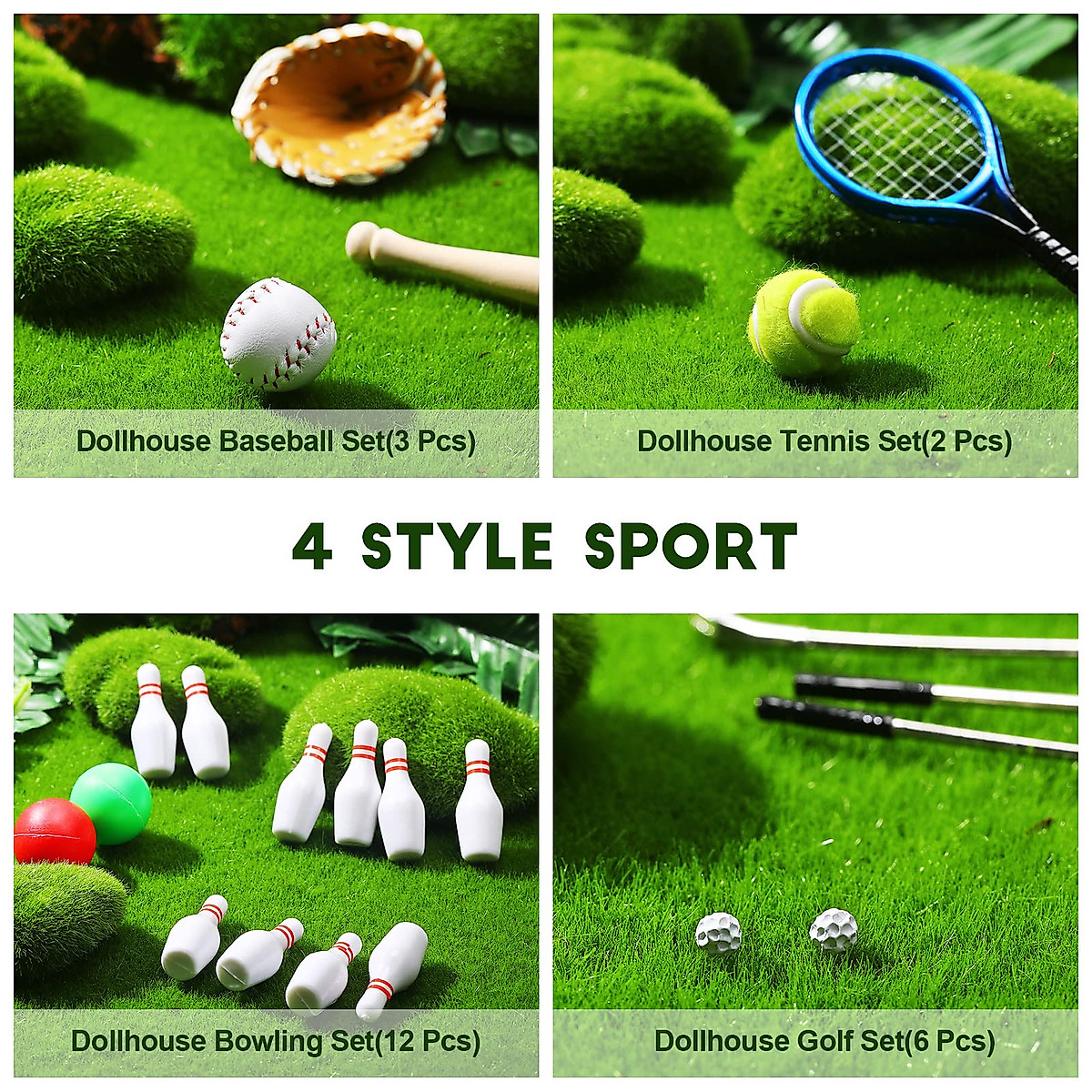 Skylety 23 Pieces Dollhouse Miniature Sports Set Mini Golf Baseball Tennis Bowling Tiny Golf Ball Clubs Ball Bats Racket Mini House Decoration Accessories for Dollhouse Collection Cake Topper Decor