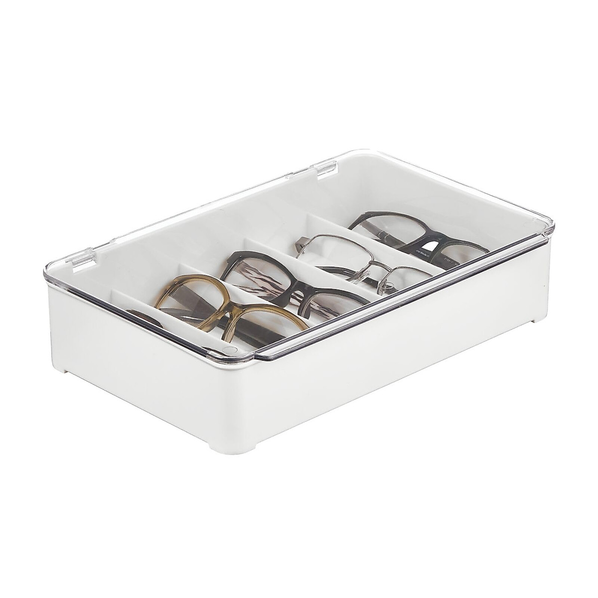 mDesign Plastic Stackable Eyeglass Case Storage Organizer with Hinged Lid for Unisex Sunglasses, Reading Glasses, Fashion Eye Wear, Protective Glasses, 5 Sections, Ligne Collection - 2 Pack - White