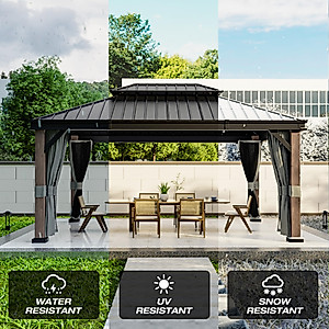 Joyside 12'x16' Hardtop Gazebo, Double Roof Galvanized Steel Canopy with Thermal Transfer Aluminum Frame Permanent Metal Pavilion with Netting and Curtains for Garden (Dark Brown Wood Grain)
