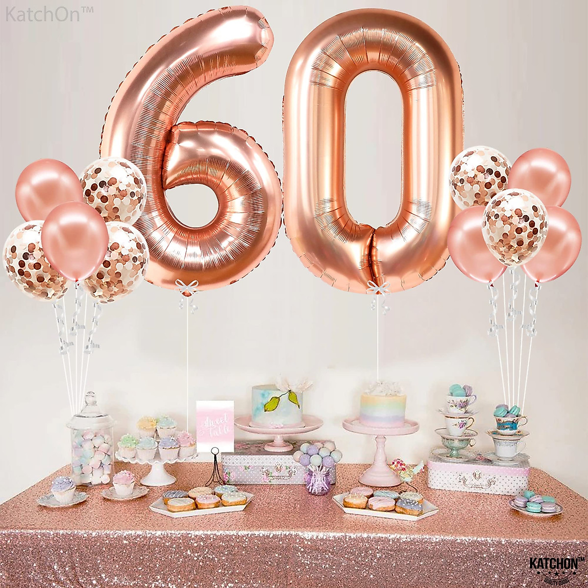 KatchOn, Rose Gold 60th Birthday Decorations Women - Big 40 Inch | 60 Balloon Numbers with Confetti, 60th Birthday Balloons for Women | 60 Birthday Balloons for 60 Birthday Decorations for Women