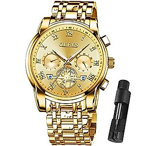 OLEVS Gold Watches for Men Men's Wrist Watches Gold Watch Men Luxury Dress 14K Gold Plated Stainless Steel Watch for Men Waterproof Quartz Gold Watch Classic Mens Watches Gift,relojes para Hombres