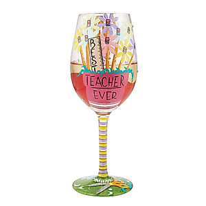 Enesco Designs by Lolita Best Teacher Ever Hand-Painted Artisan Wine Glass, 15 Ounce, Multicolor