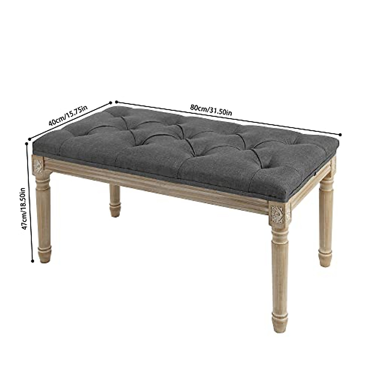 Yusong Upholstered Bench,Bedroom Bench for End of Bed,Piano Bench Dining Bench Entryway Shoe Bench with Button Tufted Padded Seat for Living Room, Vanity Bench Foot-Stool with Carved Wood Legs,Grey