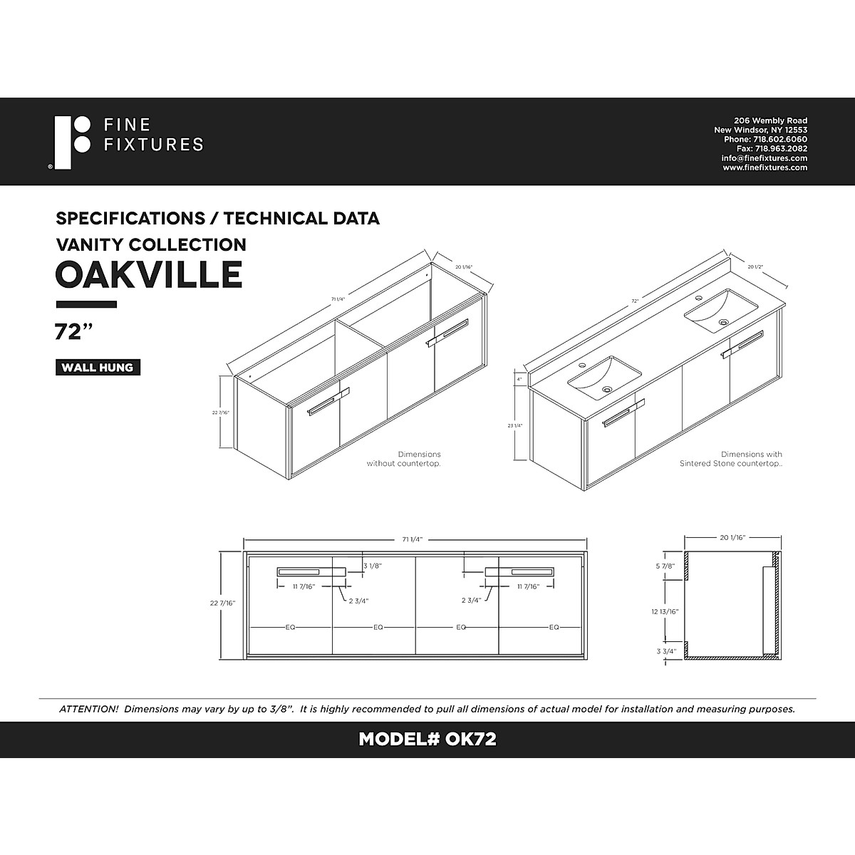 Fine Fixtures Oakville 72 in. W x 20 in. D x 33 in. H Wall Mounted Bathroom Vanity in Onix Grey with White Ceramic Sink - Black Hardware