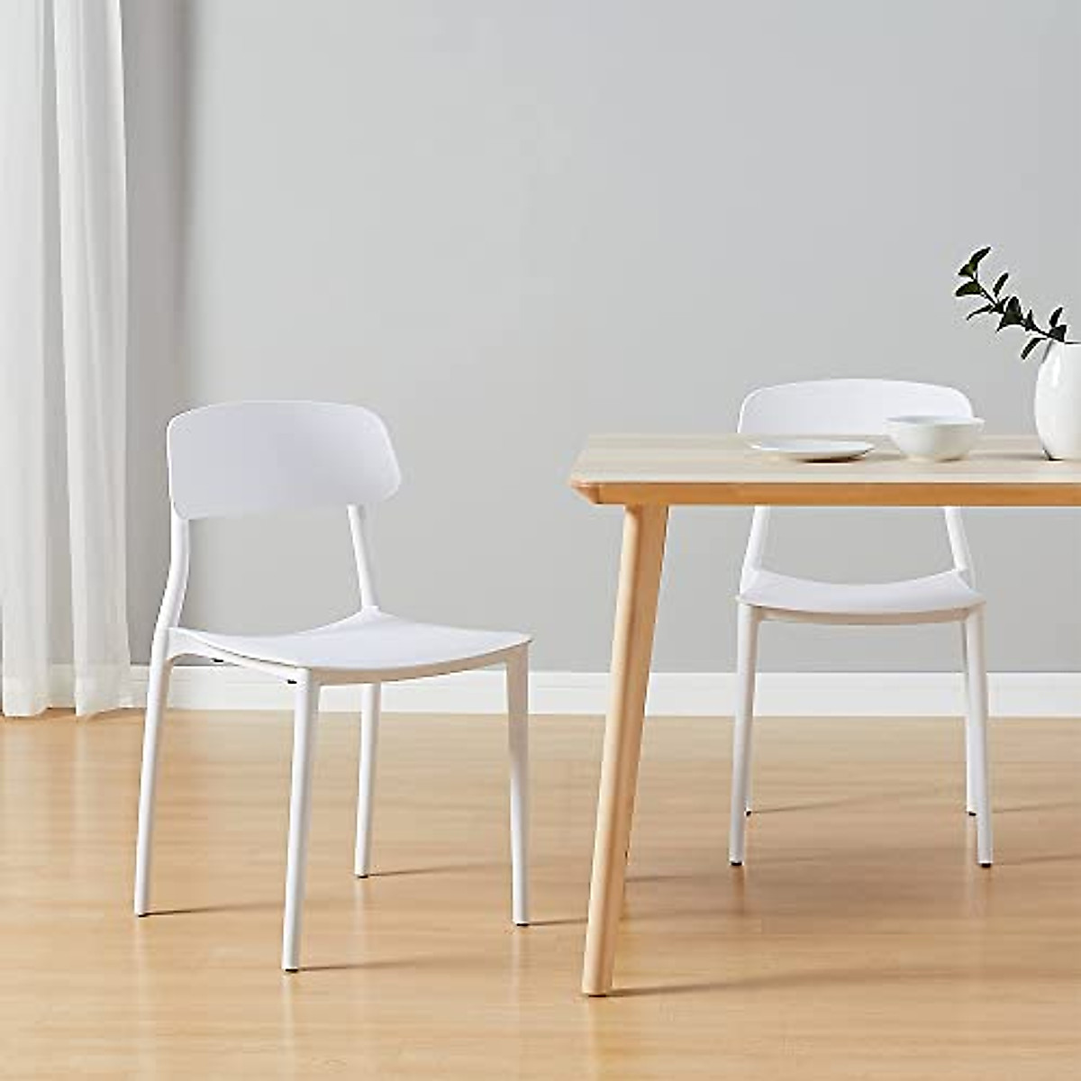 CangLong Slat Back PP Plastic Dining Chairs, Set of 2, White