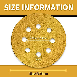 Keeimp 100 Pcs 5 Inch Sanding Discs Hook and Loop, 60 Grit Sandpaper for Woodworking or Automotive, 8 Hole Gold Premium Dustless Random Orbit Sandpaper