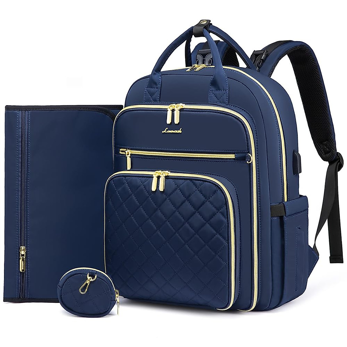 LOVEVOOK Diaper Bag Backpack,Quilted Baby Bag for Mom and Dad, Large Capacity Travel Back Pack with Changing Pad & Pacifier Holder,Navy Blue