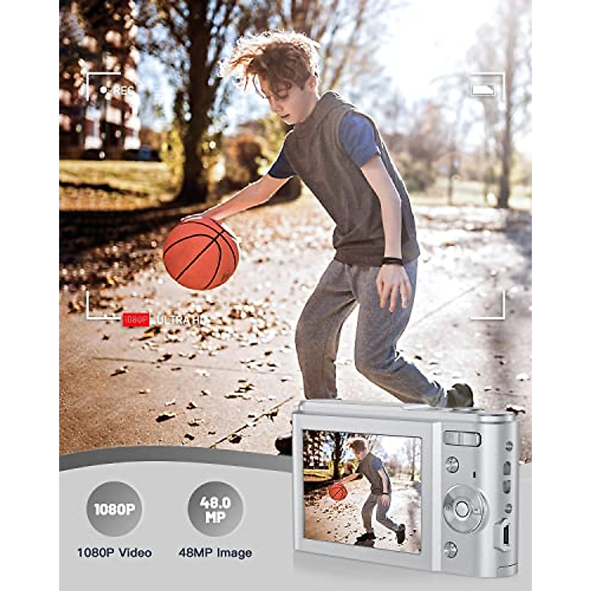 Digital Camera, Zostuic 48MP Autofocus Kid Camera with 32GB Card 1080P Video Camera with 16X Zoom, Compact Portable Small Cameras Christmas Birthday Gift for Children Kid Teen Student Girl Boy(Silver)