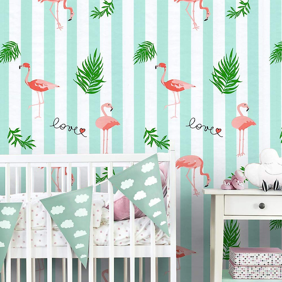 HOYOYO Vinyl Wallpaper Flamingos Palm Leaf Wallpaper Blue White Stripe Decorative Self Adhesive Liner Removable Wall Decoration for Bookshelf Closet Living Room Bedroom Dormitory Office 17.7''x118''