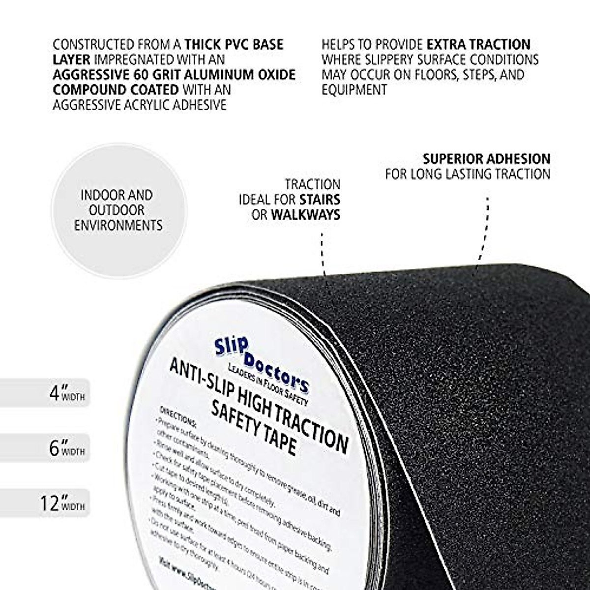SlipDoctors Anti Slip Traction Tape (4" x 15 FT) Black, 60 Grit, Heavy Duty Safety Tape for Indoor/Outdoor, Ramps, Stairs and more. Strong Adhesive Non Skid Treads.