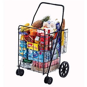 Lehboson Jumbo Folding Shopping Cart,Collapsible Shopping cart with Double Basket and 360-Degree Wheels, Utility Cart for Grocery Laundry Book Luggage Travel （Black）