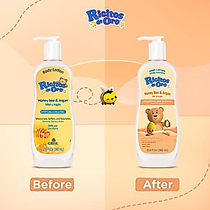 Ricitos de Oro Honey and Argan Baby Body Lotion That Helps Smooth Baby Skin -Hypoallergenic with Honey Bee Extract Delicious Scent, 2-Pack of 12.8 FL Oz Each, 2 Bottles.