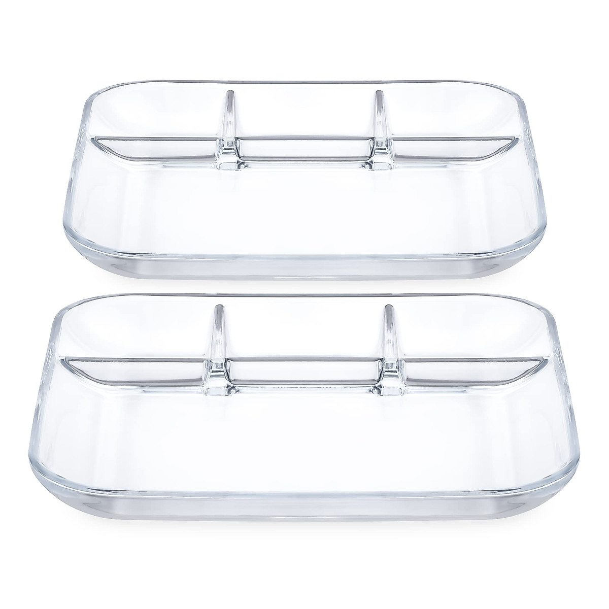Navaris Glass Divided Plates (Set of 2) - 4 Section Divider Snack Plate for Adults, Serving, Portion Control - Square Clear Platter with Food Dividers