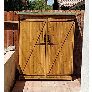 Goplus Outdoor Storage Cabinet, Wooden Garden Shed with Double Lockable Doors & Lean-to Roof, Vertical Tool Organizer for Backyard Patio Deck