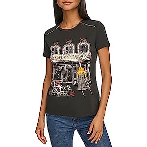 Karl Lagerfeld Paris Women's Logo Tee Zipper Shoulder Detail Short Sleeve, Black