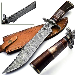 UK UNIQUE SHARP KNIVES BK-3039 Handmade Damascus Steel 15 Inches Damascus Steel Hunting Knife - Beautiful Rose Wood & Bone Handle