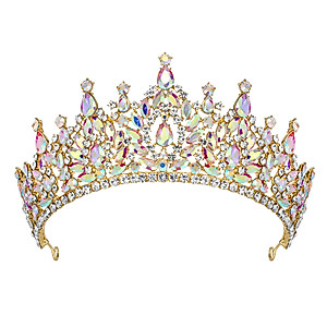 SWEETV Tiara Crown for Women Girls, Aurora Borealis Crystal Princess Crown, Wedding Tiara for Bride, Hair Accessories for Birthday Prom Party Quinceanera Pageant, Iridescent