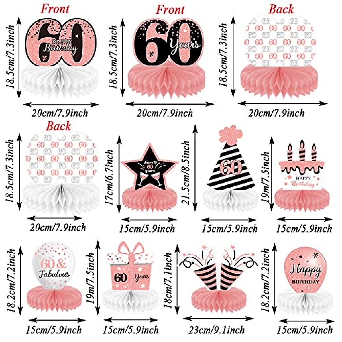 9 Pieces Rose Gold 60th Birthday decorations for Women Pink 60th birthday centerpieces for Tables Decorations Cheers to 60 Years Honeycomb Table Topper Happy 60th Birthday Decorations for Woman Sixty Years Birthday Party