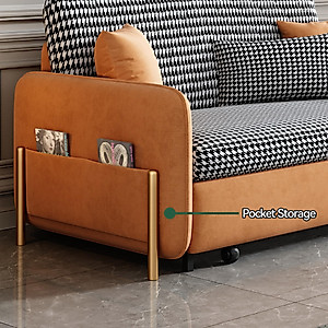 53.5" Full Sleeper Sofa Orange Upholstered Convertible Sofa Bed 3 in 1 Sleeper Sofa Couch Bed, Small Tufted Velvet Convertible Loveseat Futon Sofa w/Pullout Bed, Multi-Pockets for Living Room