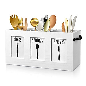 MINCORD Wood Flatware Organizer, Rustic Utensil & Silverware Holder for Forks, Spoons, Knives, Farmhouse Kitchen Cutlery Caddy Bin Countertop - White