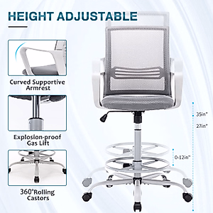 AFO Tall Office Drafting Chair with Ergonomic Lumbar Support, Armrests and Adjustable Foot Ring Breathable Mesh, Comfortable Padded Seat Cushion, for Standing Desk, Grey 18.5D x 18.9W x 45.47H Inch