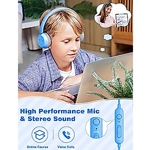 Link Dream Kids Headphones for School with Microphone Stereo On-Ear Folding 85/94dB Volume Control Child Headphones for Kids/Boys/Girls/iPad/Fire Tablet/PC/Travel, Blue